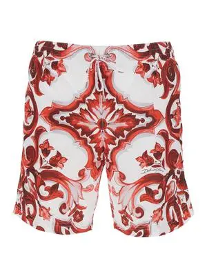 Dolce & Gabbana Bordeaux Swim Shorts With Drawstring Waist And All-over Maiolica Print In Tech Fabric For - Multicolor