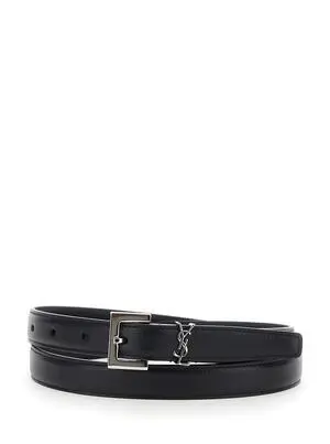Saint Laurent Leather Belt With Cassandre Plate - Black