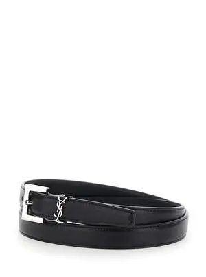 Saint Laurent Leather Belt With Cassandre Plate - Black