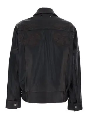 GOLDEN GOOSE Journey' Brown Jacket With Classic Collar And All-over Floral Embroidery In Leather For - Multicolor