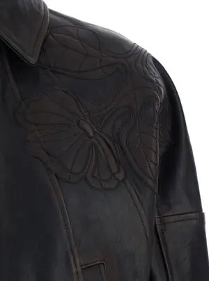 GOLDEN GOOSE Journey' Brown Jacket With Classic Collar And All-over Floral Embroidery In Leather For - Multicolor