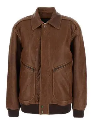 Saint Laurent Brown Leather Bomber Jacket With Classic Collar For
