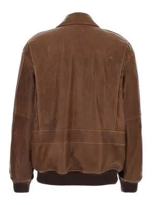 Saint Laurent Brown Leather Bomber Jacket With Classic Collar For