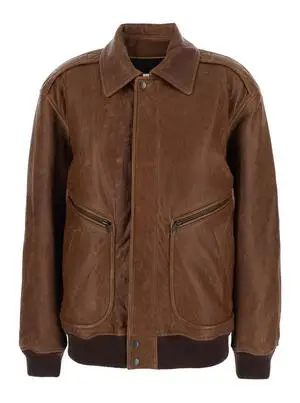 Saint Laurent Brown Leather Bomber Jacket With Classic Collar For - Multicolor