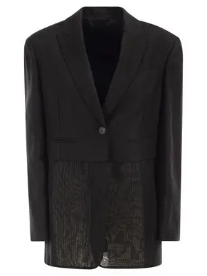 Brunello Cucinelli Single-breasted Viscose And Linen Jacket With Transparent Insert - Black