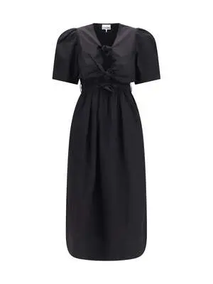 GANNI Midi Dress With Bows And Puff Shoulders - Black