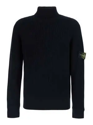 Stone Island Blue Sweater With High Collar And Logo Patch On The Sleeve - Multicolor