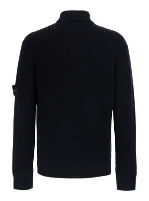Stone Island Blue Sweater With High Collar And Logo Patch On The Sleeve - Multicolor