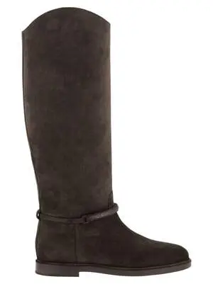 Brunello Cucinelli Suede Leather Knee-high Boots With Monili Detail - Brown