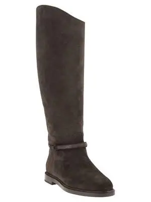 Brunello Cucinelli Suede Leather Knee-high Boots With Monili Detail - Brown
