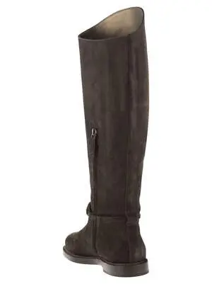 Brunello Cucinelli Suede Leather Knee-high Boots With Monili Detail - Brown