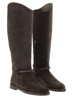 Brunello Cucinelli Suede Leather Knee-high Boots With Monili Detail - Brown