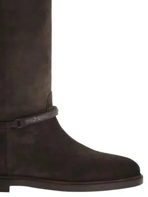 Brunello Cucinelli Suede Leather Knee-high Boots With Monili Detail - Brown