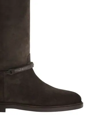 Brunello Cucinelli Suede Leather Knee-high Boots With Monili Detail - Brown