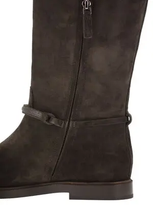 Brunello Cucinelli Suede Leather Knee-high Boots With Monili Detail - Brown