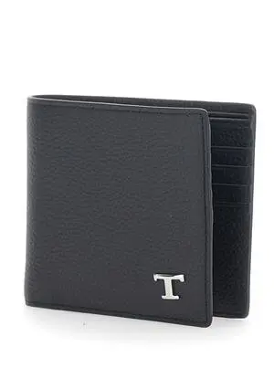 TOD'S Black Bifold Wallet With Metal T Logo Plate On The Front In Leather For - Multicolor