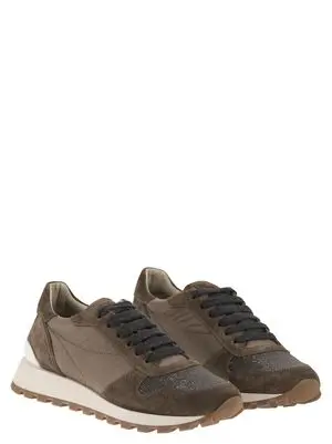 Brunello Cucinelli Suede And Techno Fabric Sneakers With Precious Toe