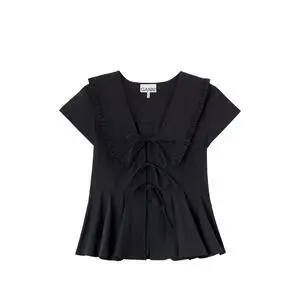GANNI Ruffled Oversized Collar Front Tie Fastening Peplum Blouse - Black