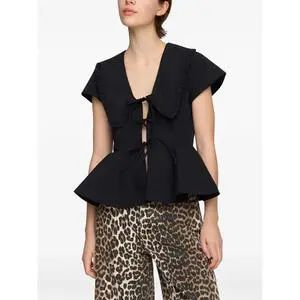 GANNI Ruffled Oversized Collar Front Tie Fastening Peplum Blouse - Black