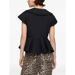 GANNI Ruffled Oversized Collar Front Tie Fastening Peplum Blouse - Black