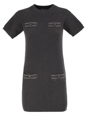 Brunello Cucinelli Ribbed Knit Dress With Sequins And Patch Pockets - Multicolor