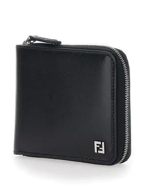 Fendi Black Card Holder With Zip Closure And Front Logo In Leather For