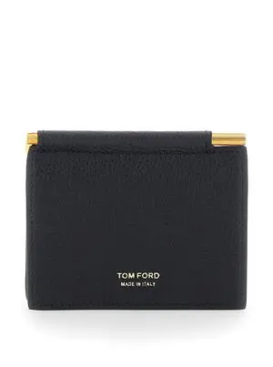 TOM FORD Black Bi-fold Wallet With Money Clip And Logo Lettering On The Front In Leather For - Multicolor