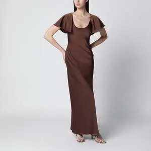 ROTATE BY BIRGER CHRISTENSEN Long Satin Dress With Flutter Sleeves In Potting Soil - Brown