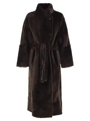 Brunello Cucinelli Long Shearling Coat With Belt - Brown