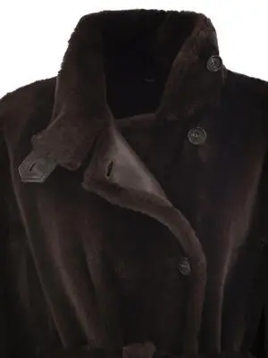 Brunello Cucinelli Long Shearling Coat With Belt - Brown