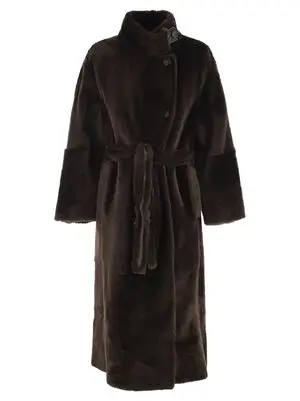 Brunello Cucinelli Long Shearling Belted Coat - Brown