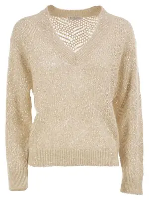 Brunello Cucinelli Openwork Mohair Sweater With Sequins - Cream