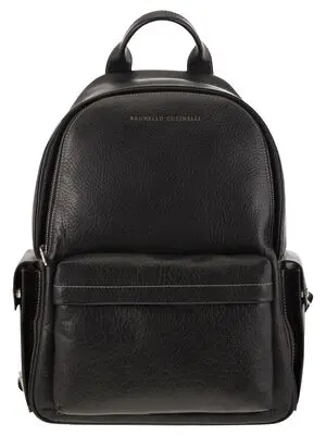 Brunello Cucinelli Calfskin Backpack With Grain - Black