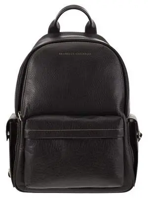 Brunello Cucinelli Calfskin Backpack With Grain - Black