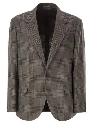Brunello Cucinelli Prince Of Wales Wool And Cashmere Blazer With Tailored Construction - Gray
