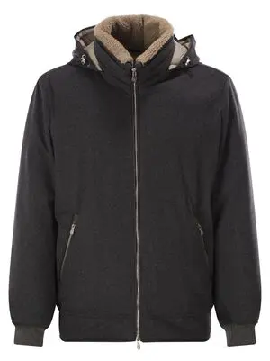 Brunello Cucinelli Membranated Wool Flannel Down Jacket With Shearling-lined Collar