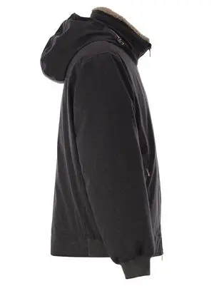 Brunello Cucinelli Membranated Wool Flannel Down Jacket With Shearling-lined Collar