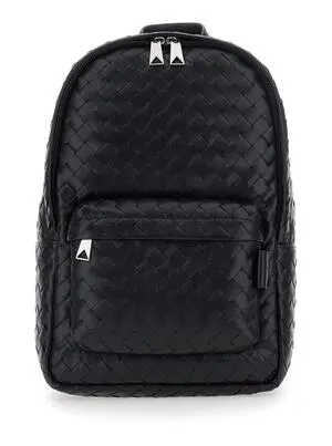 Bottega Veneta Black Small Backpack With Zip Pocket On The Front And Intreccio Motif In Leather For - Multicolor