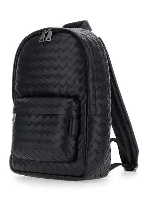 Bottega Veneta Black Small Backpack With Zip Pocket On The Front And Intreccio Motif In Leather For - Multicolor