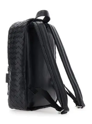 Bottega Veneta Black Small Backpack With Zip Pocket On The Front And Intreccio Motif In Leather For - Multicolor