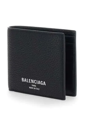 Balenciaga Black Leather Logo Lettering Bifold Wallet For