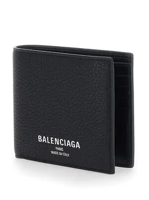 Balenciaga Black Leather Logo Lettering Bifold Wallet For - Multicolor