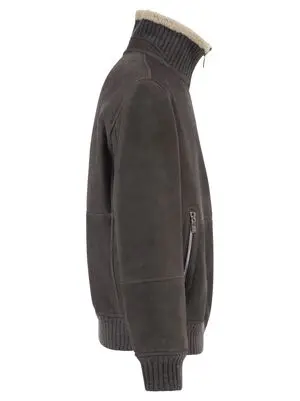 Brunello Cucinelli Shearling Aviator Jacket With Cashmere Knit Details