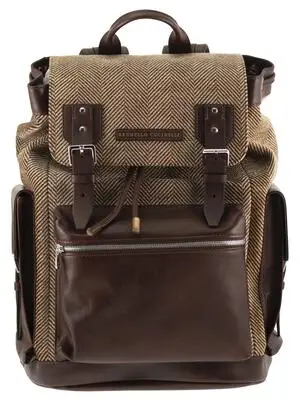 Brunello Cucinelli Herringbone-texture Backpack With Leather Trims - Brown