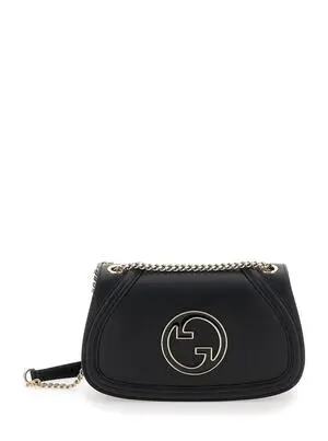 Gucci Blondie Small' Handbag With Metallic Gg Crossover On The Front And Chain Shoulder Strap In Leather - Black