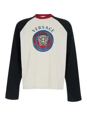 Versace Long Sleeve T-shirt With Printed Logo On The Front In Cotton For - Multicolor