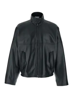 Bottega Veneta Black Bomber Jacket With High Collar With Intreccio Design In Leather For - Multicolor