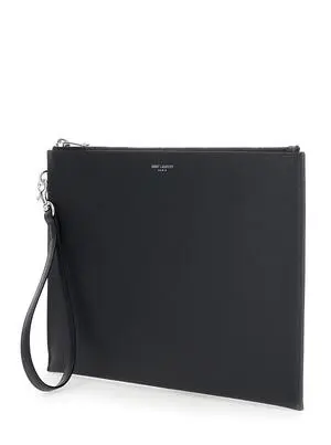 Saint Laurent Pouch With Logo Embossed On The Front In Black Leather For