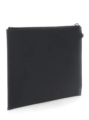 Saint Laurent Pouch With Logo Embossed On The Front In Black Leather For