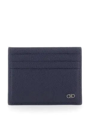 FERRAGAMO Ferragamo Men Blue Card Holder With Micro Gancini On The Front And Logo Lettering On The Back In Grained Leather For Men Multicolor